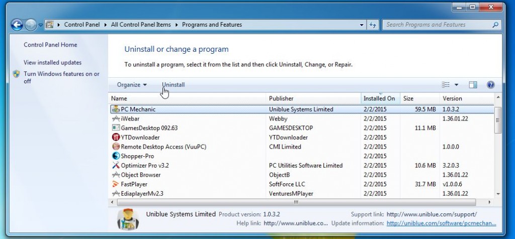 Remove PC Mechanic 2015 By Uniblue (Uninstall Guide)
