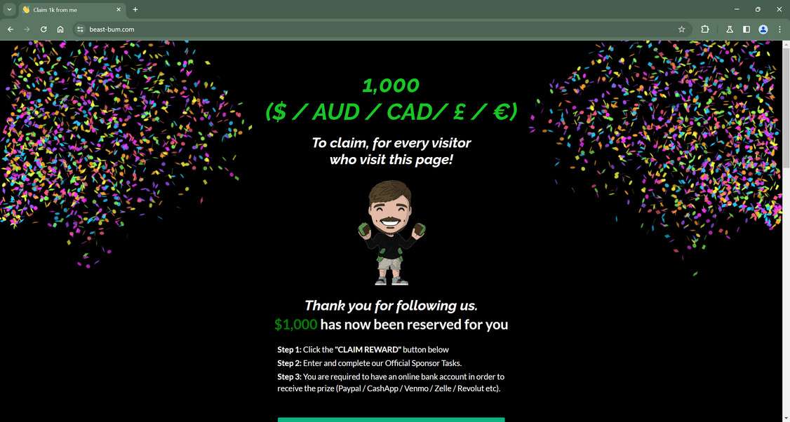 Don't Fall For Beast-Bum.com Scam - Fake MrBeast Giveaway