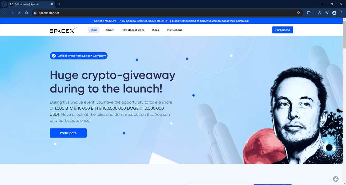 Don't Fall For The SpaceX-Elon.net Fake SpaceX Giveaway Scam