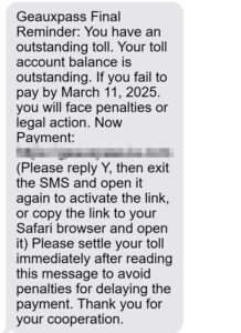 GeauxPass “Outstanding Toll” Text Scam - What You Need To Know