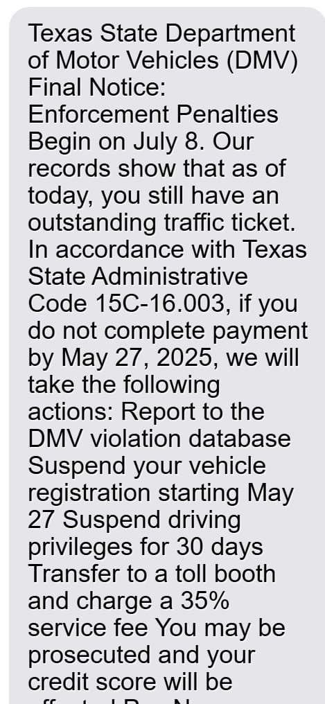 Texas DMV “Outstanding Traffic Ticket” Text Scam Explained